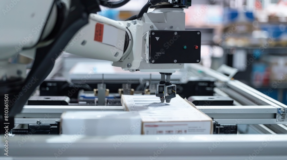 A close-up of the robotic arm's packing slip printer. The printer is ...