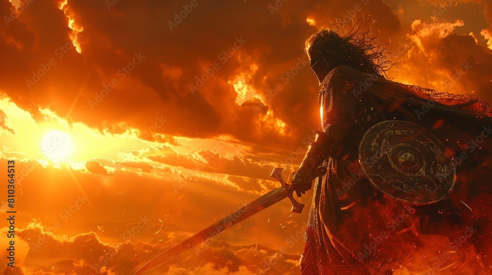 Illustrate a traditional side view warrior wielding a sword, clad in ...