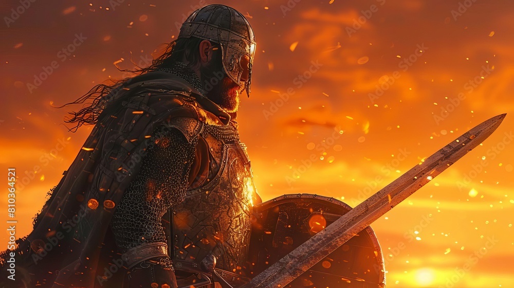 Illustrate a traditional side view warrior wielding a sword, clad in ...