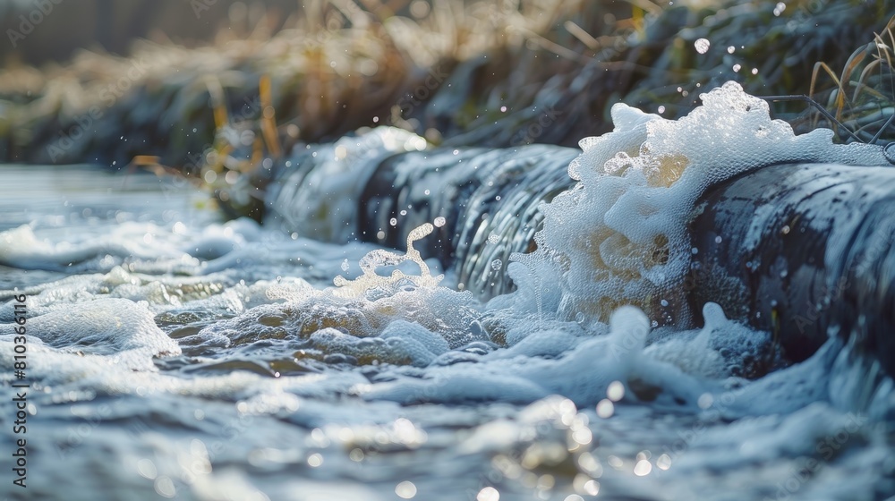 Polluted, foaming water spilling out of an industrial pipe into a river ...