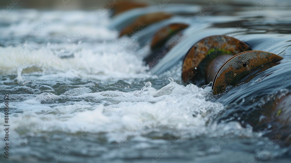 Polluted, foaming water spilling out of an industrial pipe into a river ...