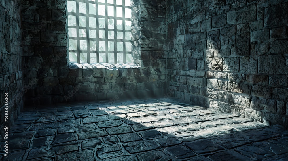 Close-up of medieval dungeon jail cells, with shadows revealing the ...