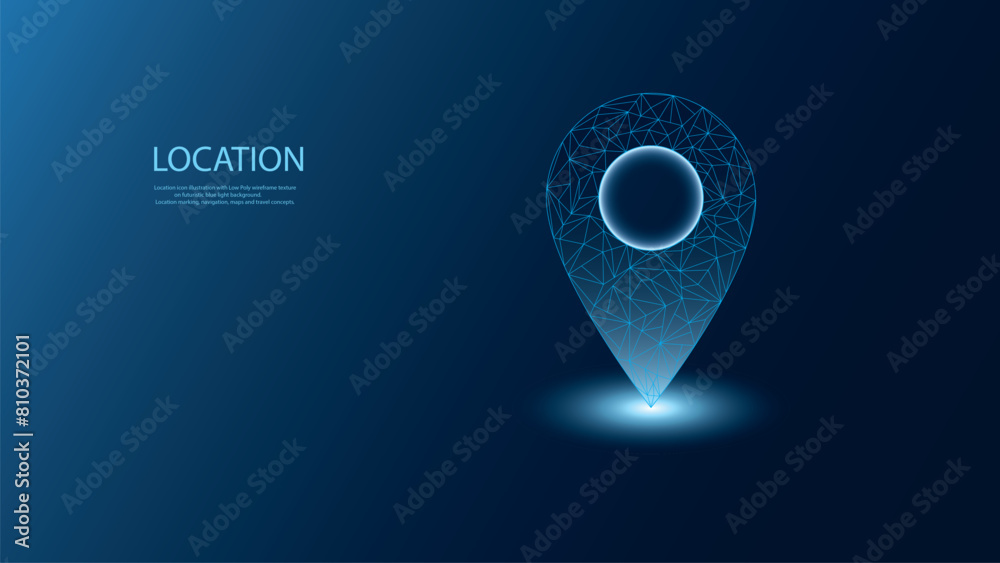 3d illustration of location icon with low poly wireframe on blue light ...