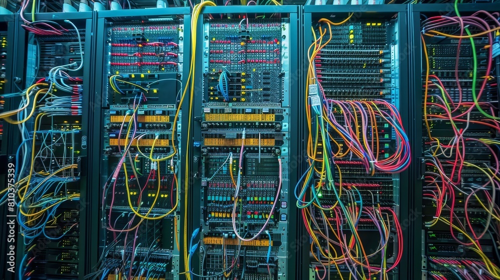 Detailed view of server racks with densely packed electric cables and ...