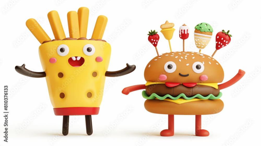 Vetor de Cartoon food pair. Comic retro fun fast food characters ...