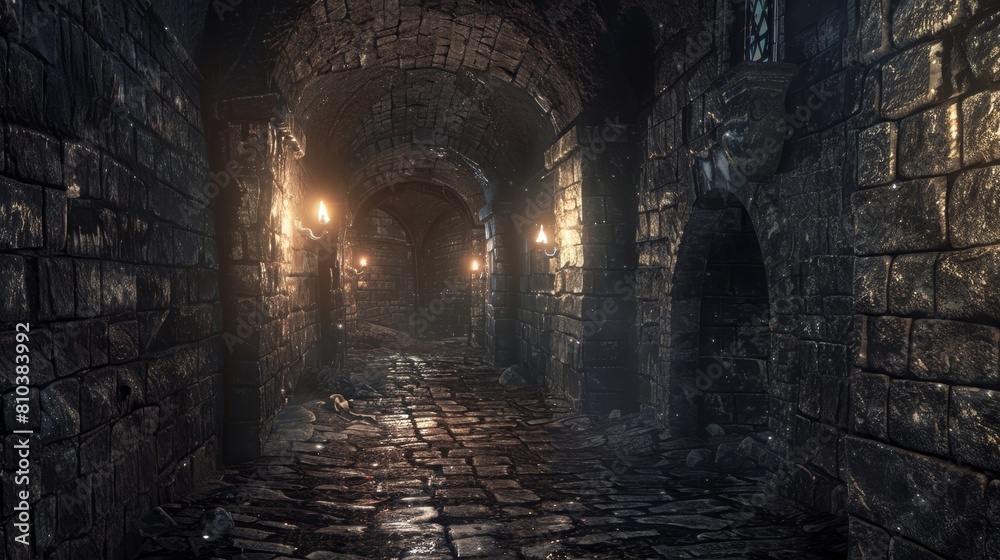 Intimate view of dungeon architecture, rugged stone walls and ...