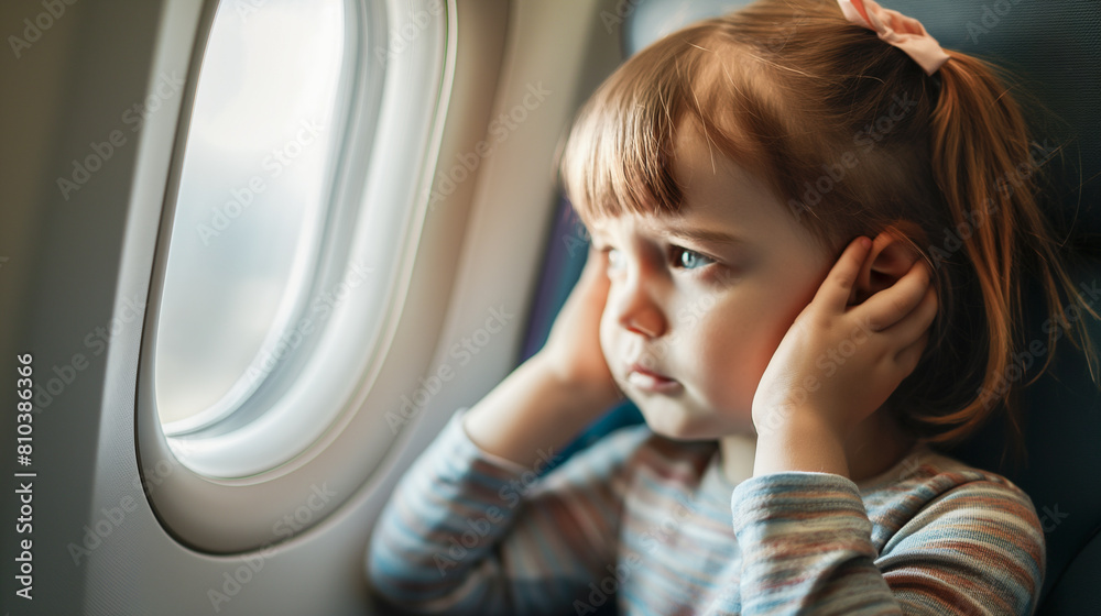 Ear pain in children on an airplane. Little girl suffering from earache ...