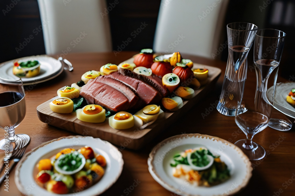 Full table of delicious family Dinner party, table filled with European ...