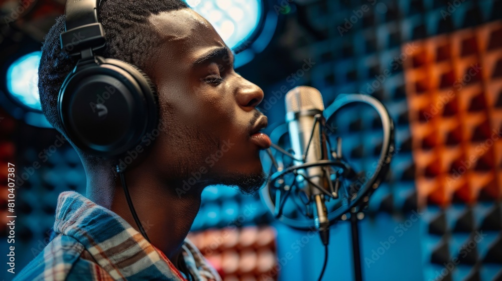 African American male Rapper singing with microphone on Recording ...