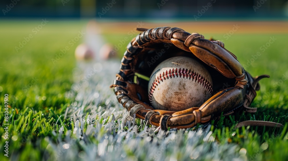 Baseball inside a baseball glove on the outfield Stock Illustration ...