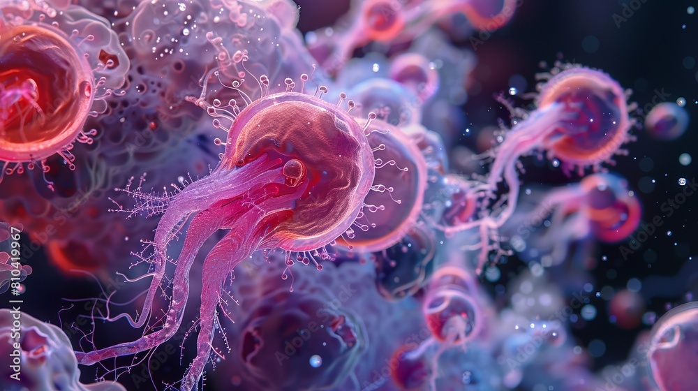 High-detail close-up view of parasitic protozoa species invading host ...