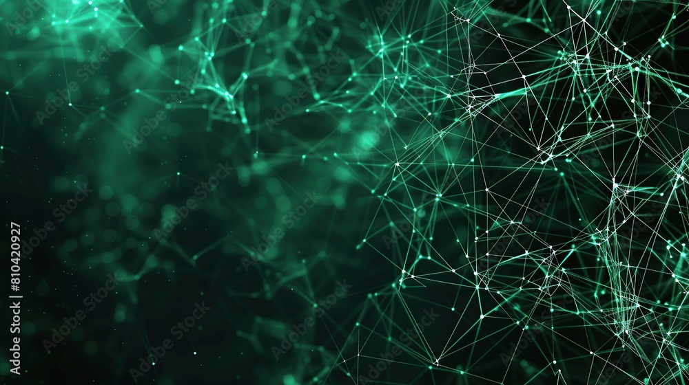 A deep emerald green plexus network with interconnected nodes and lines on a jet-black canvas ...