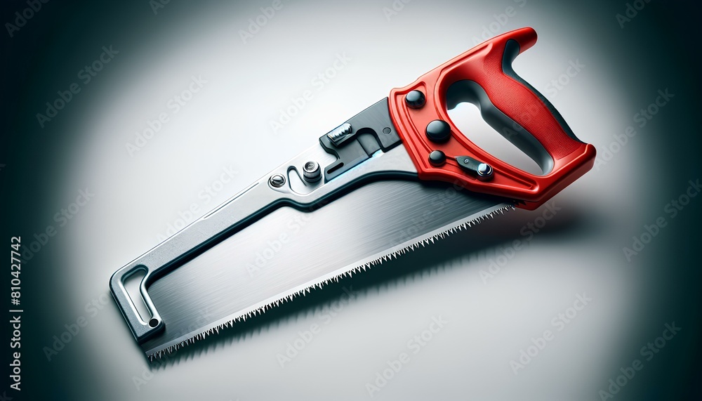 saw cutting board, Image of a saw with a red handle, This image ...