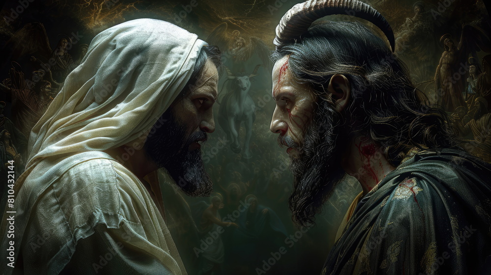 Symbolic confrontation: battle between God and the devil, good and evil ...