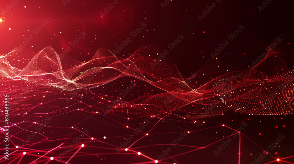 Abstract red tech background with digital waves, Dynamic network system, Artificial neural ...