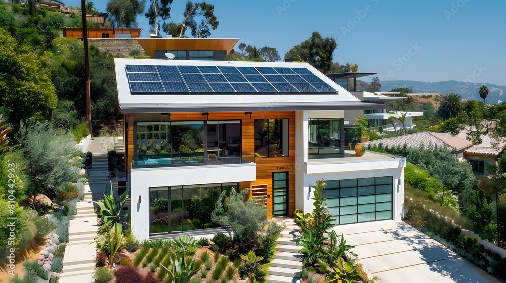 A modern, two-story house in the Hollywood hills area with solar panels ...