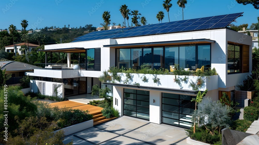 A modern, two-story house in the Hollywood hills area with solar panels ...