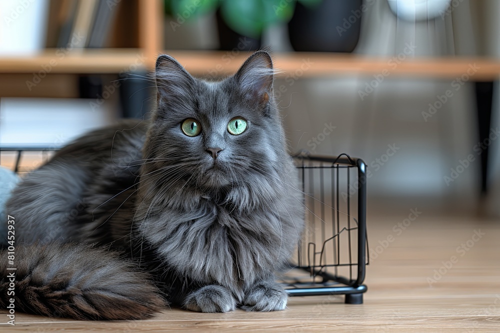 Scared Gray Cat with Fluffy Fur and Round Mustache in Minimalist Niche ...