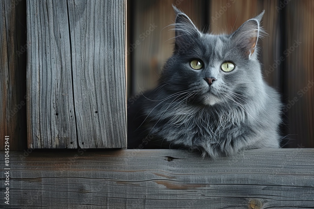 Scared Gray Cat with Fluffy Mustache: Vibrant Green Eyes in Minimalist ...