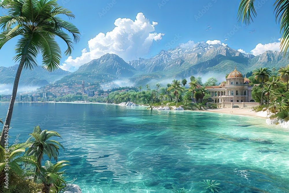 8K Sunny Digital Painting of Pacific City with Haussmann Architecture ...