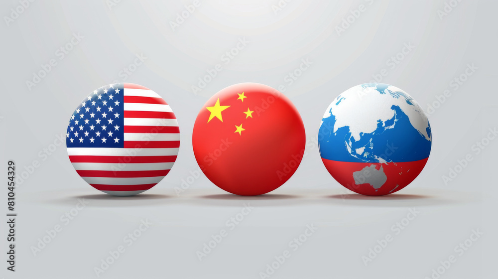 Three spheres designed with flags of USA, China, and the world map ...
