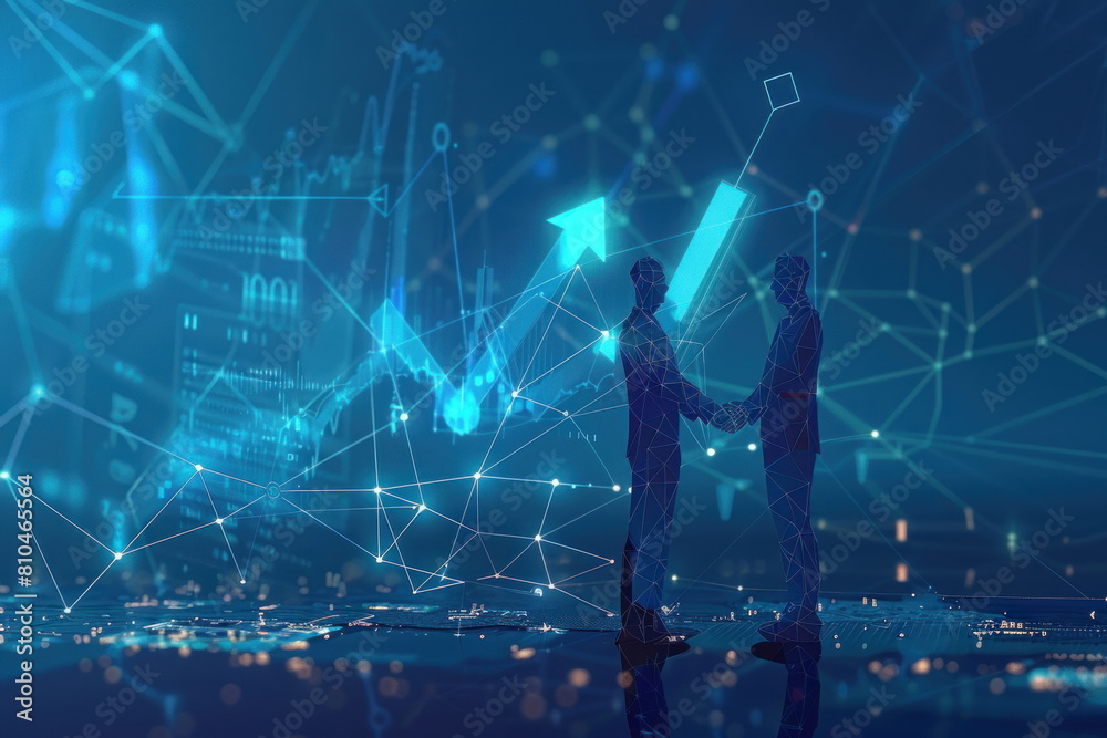 Abstract handshake with up arrow hologram, businessmen, Stock market ...