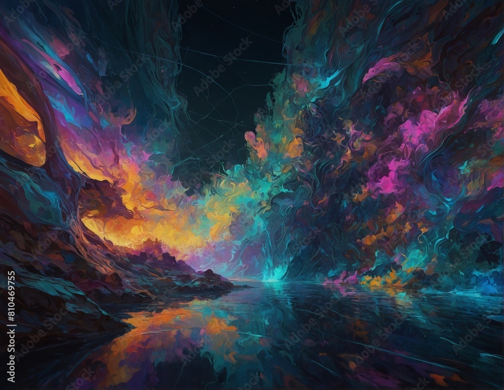 Dreamlike vibrant abstract mountain range and lake wild bright colors ...