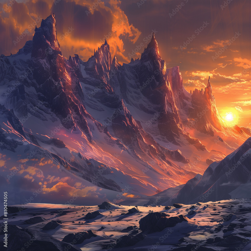 fantasy landscape, mountains in the distance, sun setting behind the ...