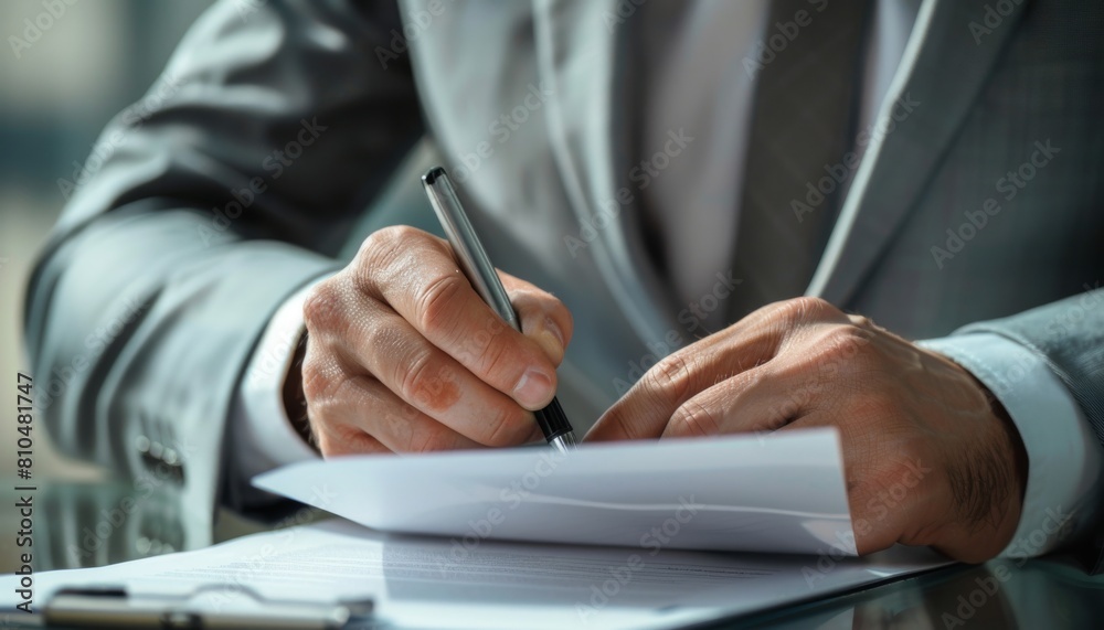 Conceptualize a male business head in a light grey suit, torso visible ...