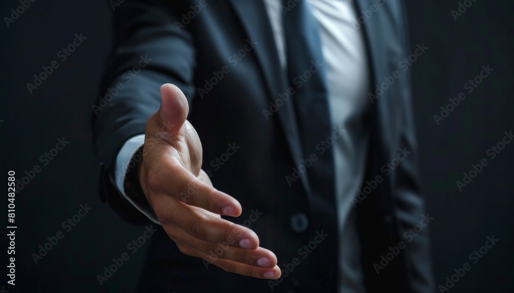 Visualize a male CEO in a stylish black suit, torso exposed, extending ...