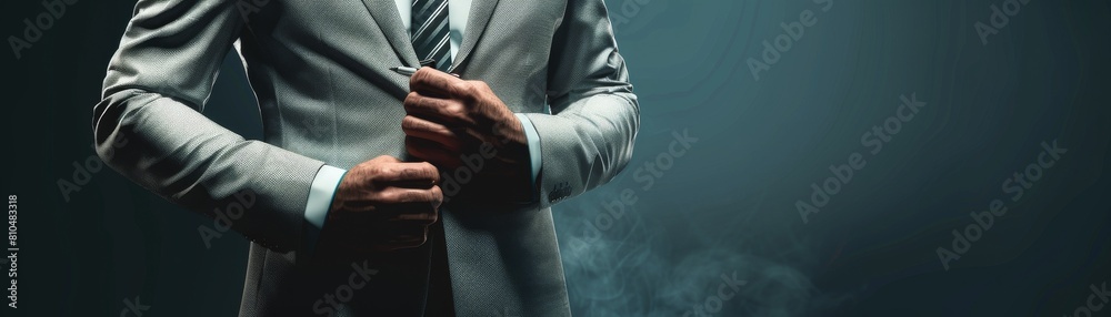 Render a male CEO, dressed in a sophisticated light grey suit, torso ...