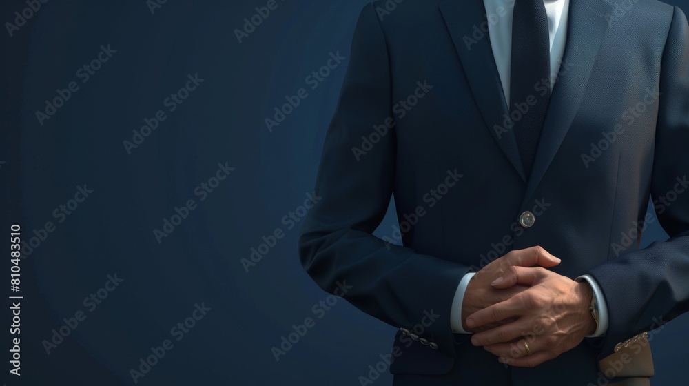 Render a male CEO, attired in a navy blue business suit, torso visible ...