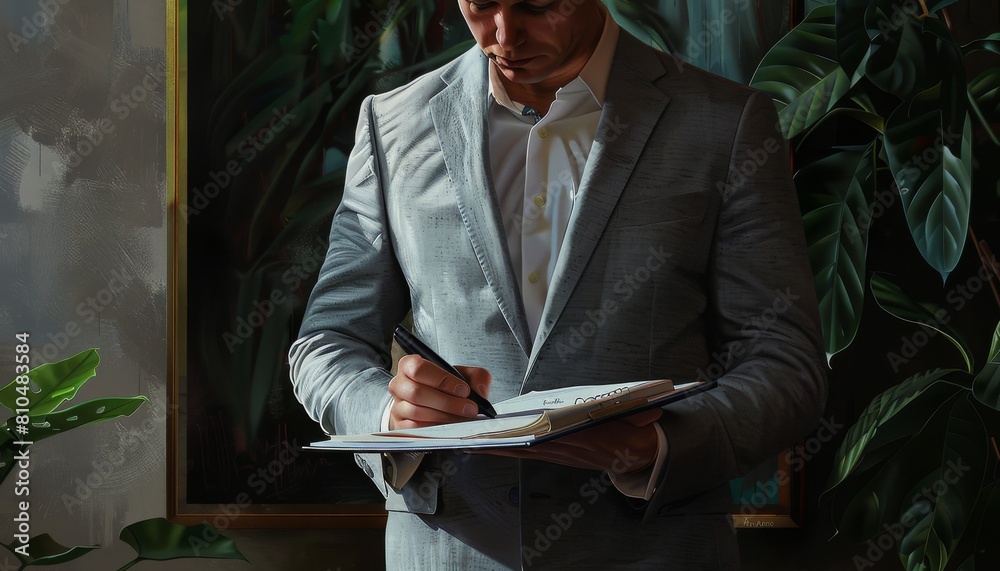 Foto de Render a male CEO, attired in a light grey suit, torso visible ...