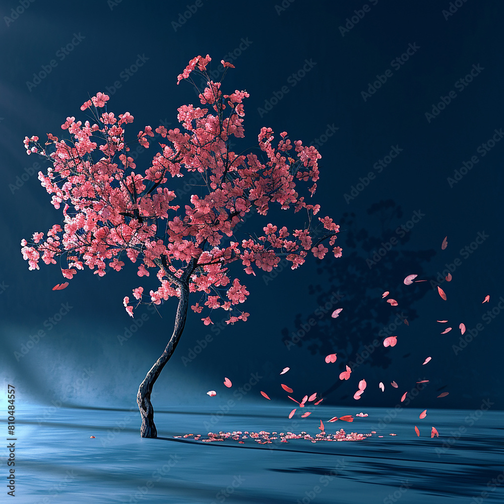 : 3d rendered photos of Sakura tree and falling Sakura leaves on dark ...