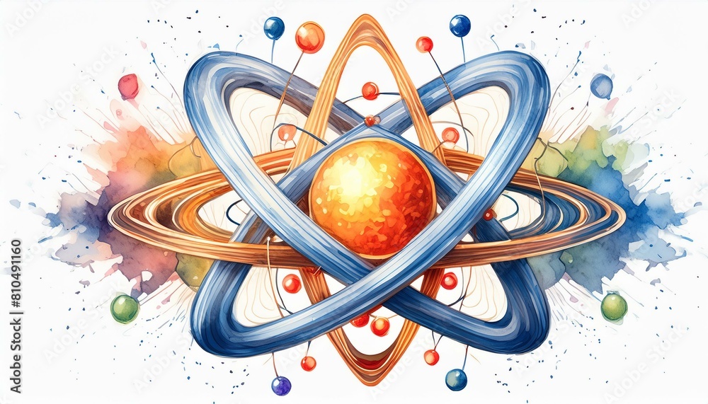 watercolor particle model of the atom isolated on white background ...