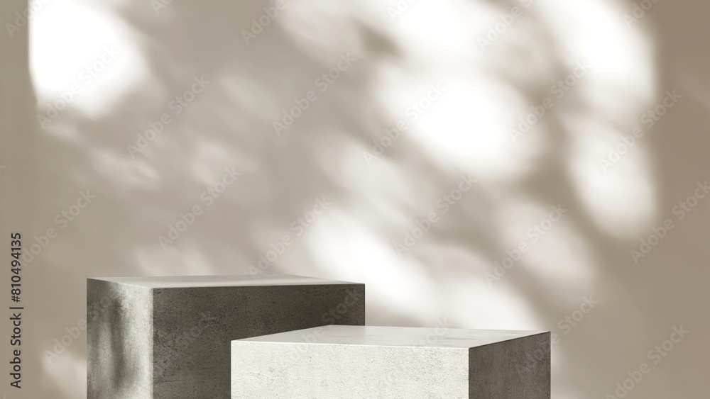 Two modern concrete cement gray cuboid table podium in sunlight on ...