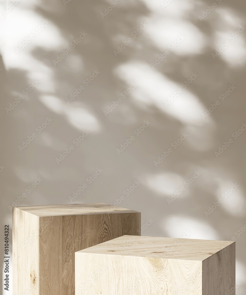 Two modern wooden gray cuboid table podium in sunlight on white wall ...