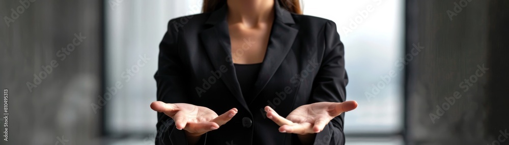Construct an image of a female CEO wearing a formal black suit, torso ...