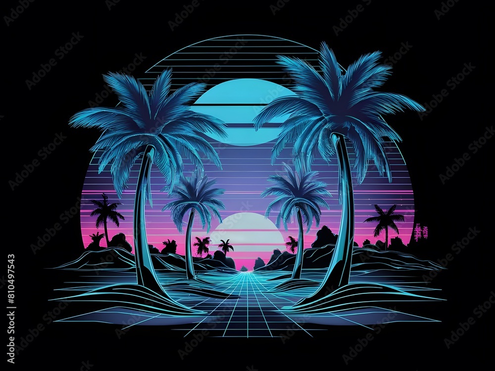 Neon blue palm trees in futuristic landscape with synthwave sunset ...