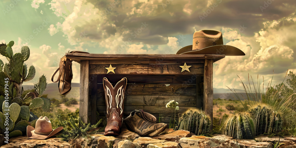 Lone Star Desk: A rustic wooden desk adorned with a cowboy hat and ...