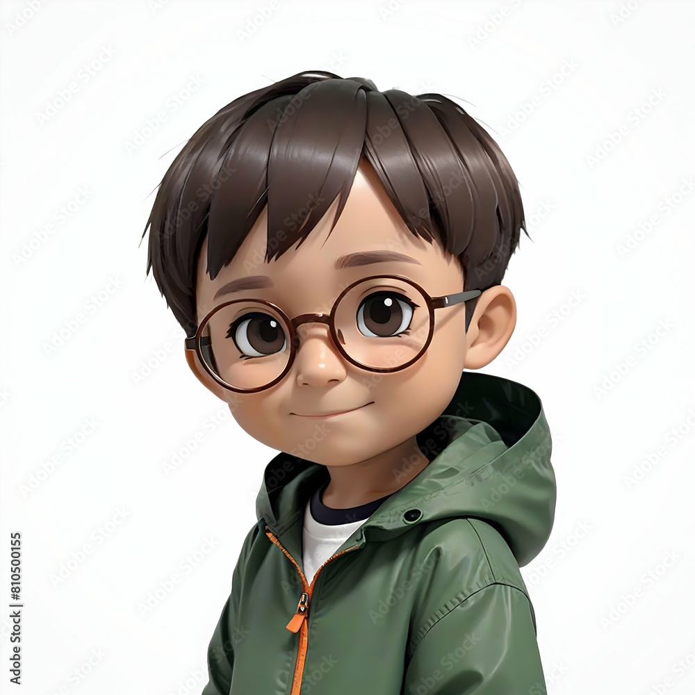 1 boy, big head, chibi, 3d cartoon, 3d, character, green winter jacket ...