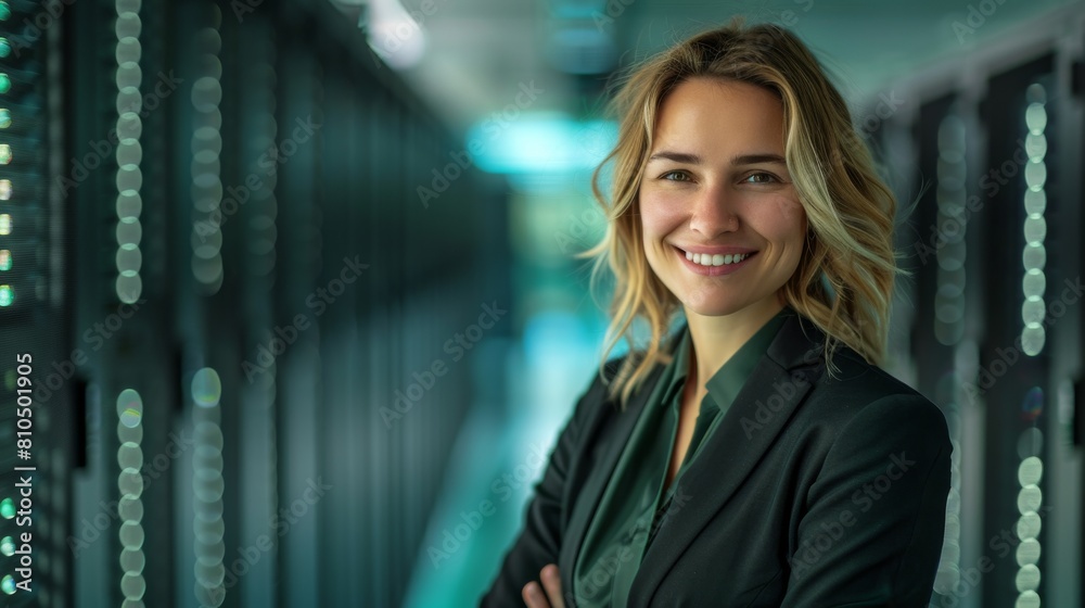Portrait of a Beautiful Woman in Black Suit and Green Shirt, Smiling at ...