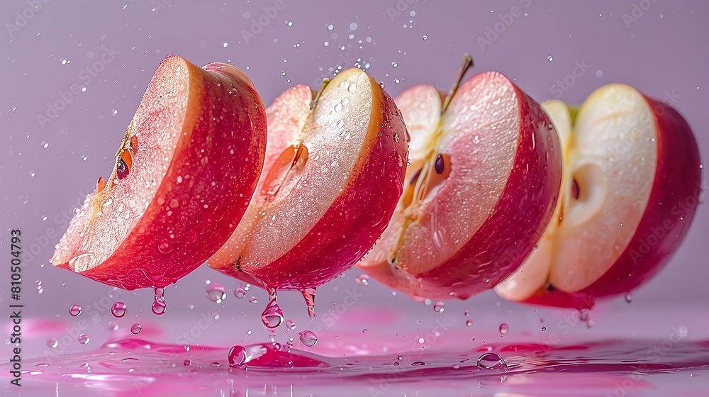 Apple slices in midair, aligned vertically, purple background ...