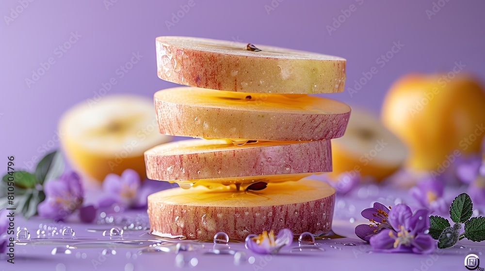 Apple slices in midair, aligned vertically, purple background ...