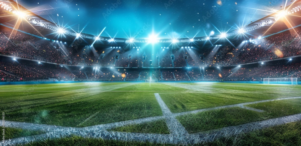 Soccer stadium, night time, green grass field, big crowd of fans ...