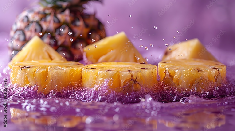 Foto de Pineapple slices in midair, aligned vertically, purple ...