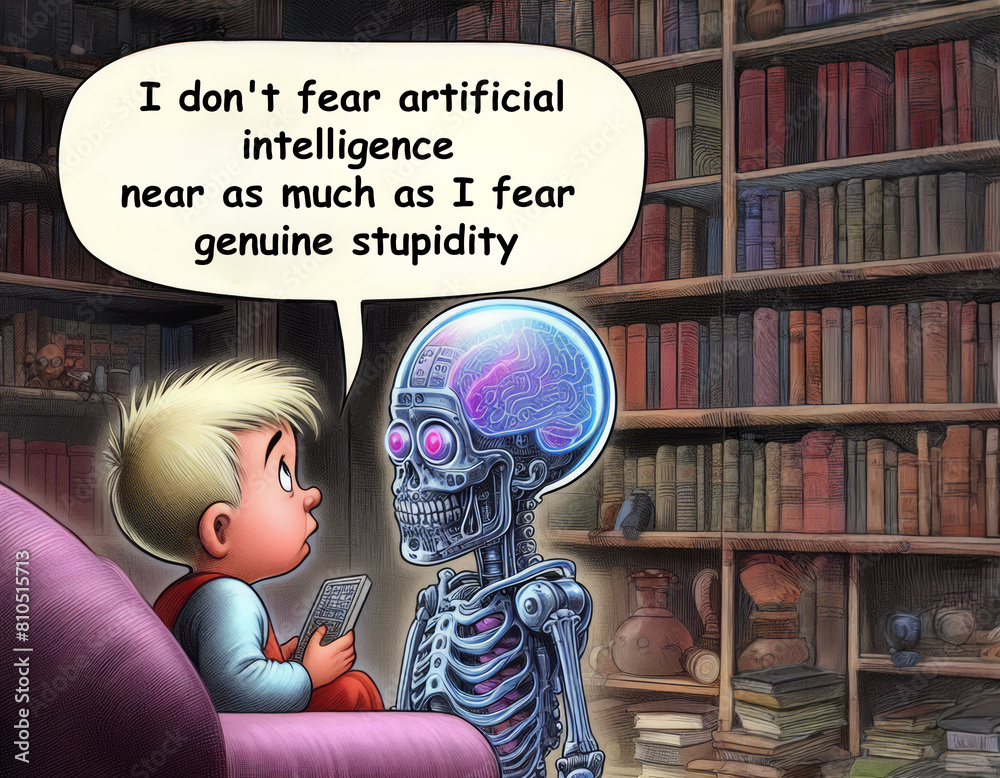 cartoon boy with a speech bubble talking to an AI character, I don't ...