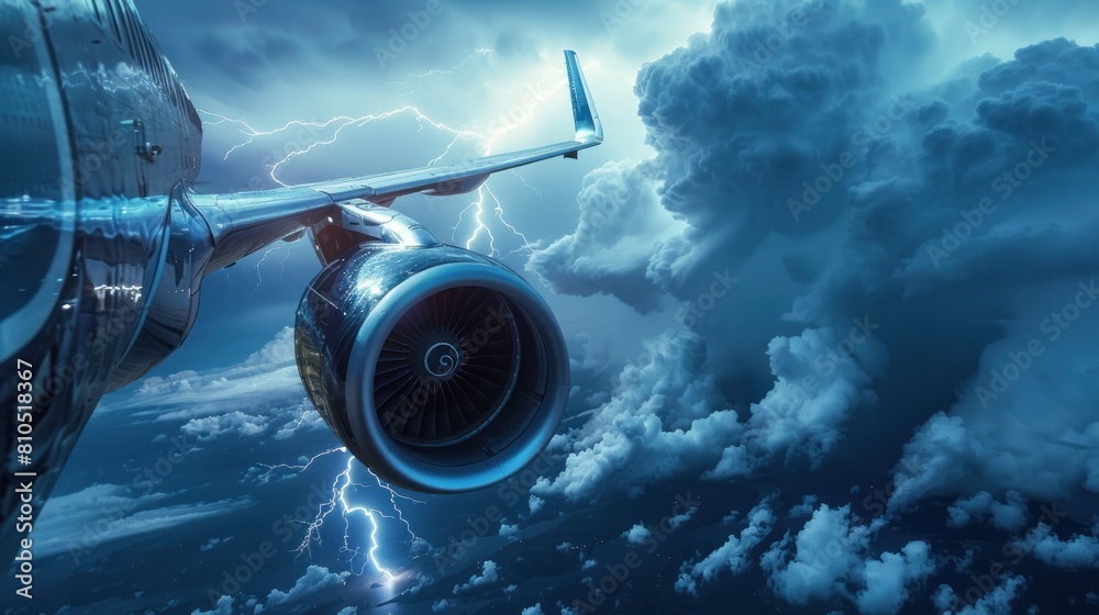 A plane is flying through a storm with a lightning bolt in the sky ...