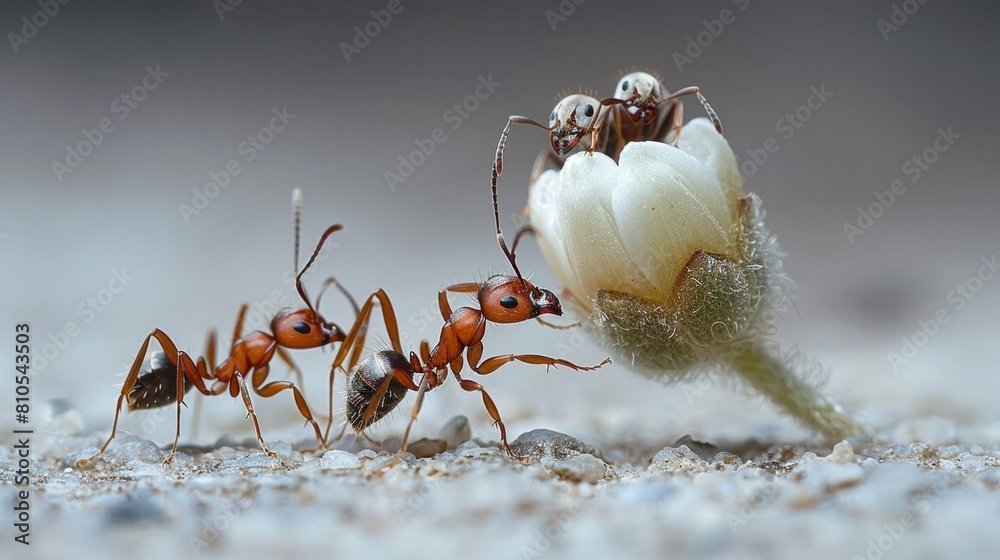 A bunch of ants carry a piece of food together, embodying the concept ...