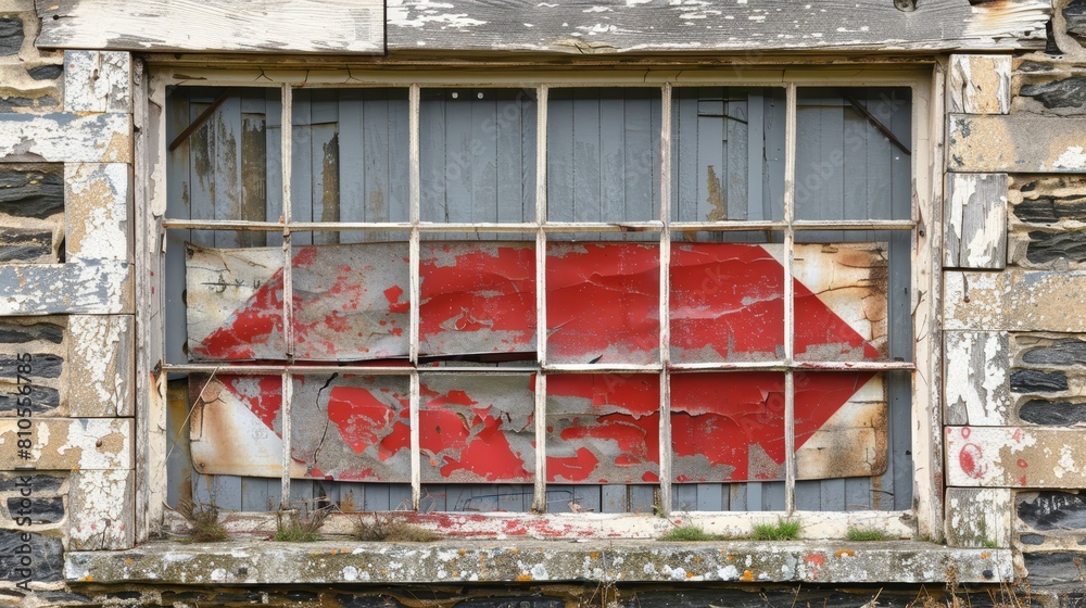 A red arrow marked on a brick building, visible through a barred metal ...